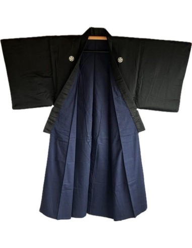 Men’s Kimono & Haori Set – Black Silk Habutae – 5 Kamon “Maru ni Umebachi”